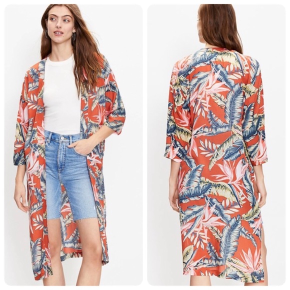 LOFT | Swim | Loft Orange Tropical Palm Leaf Duster Kimono | Poshmark